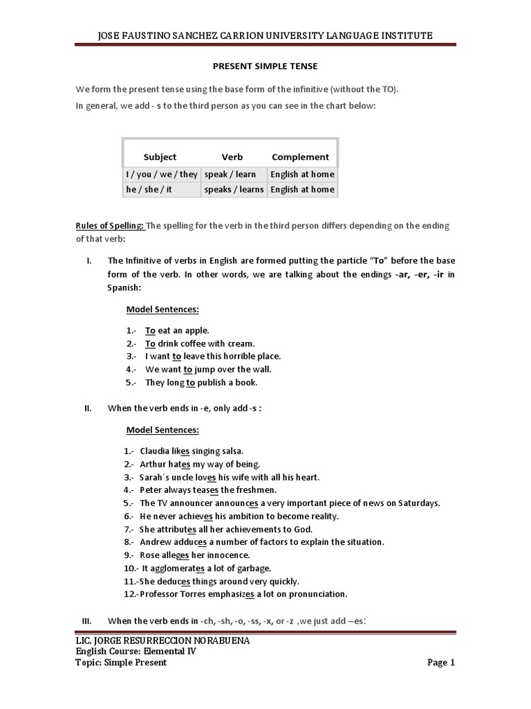 Present Simple Tense | PDF | Verb | English Language