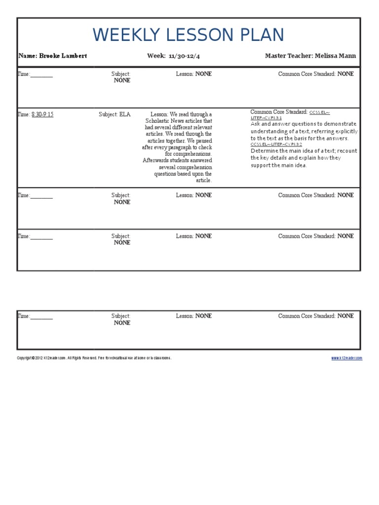 Weekly Lesson Plan: Name: Brooke Lambert | PDF