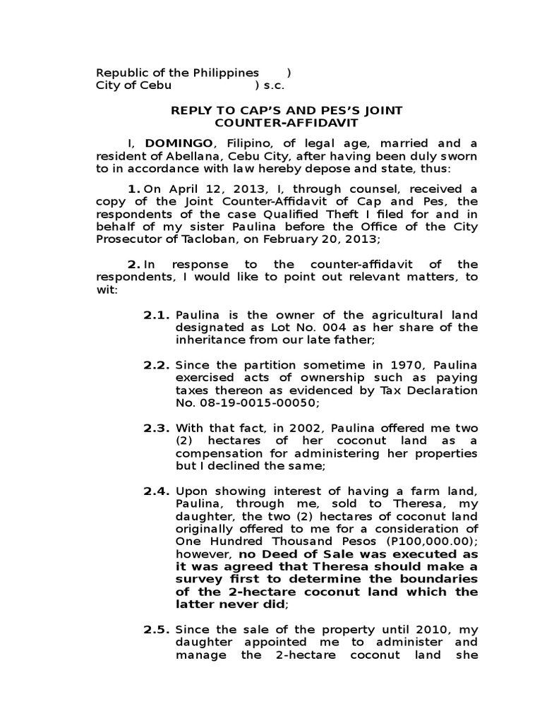 Sample Reply Pleading | Ownership | Theft