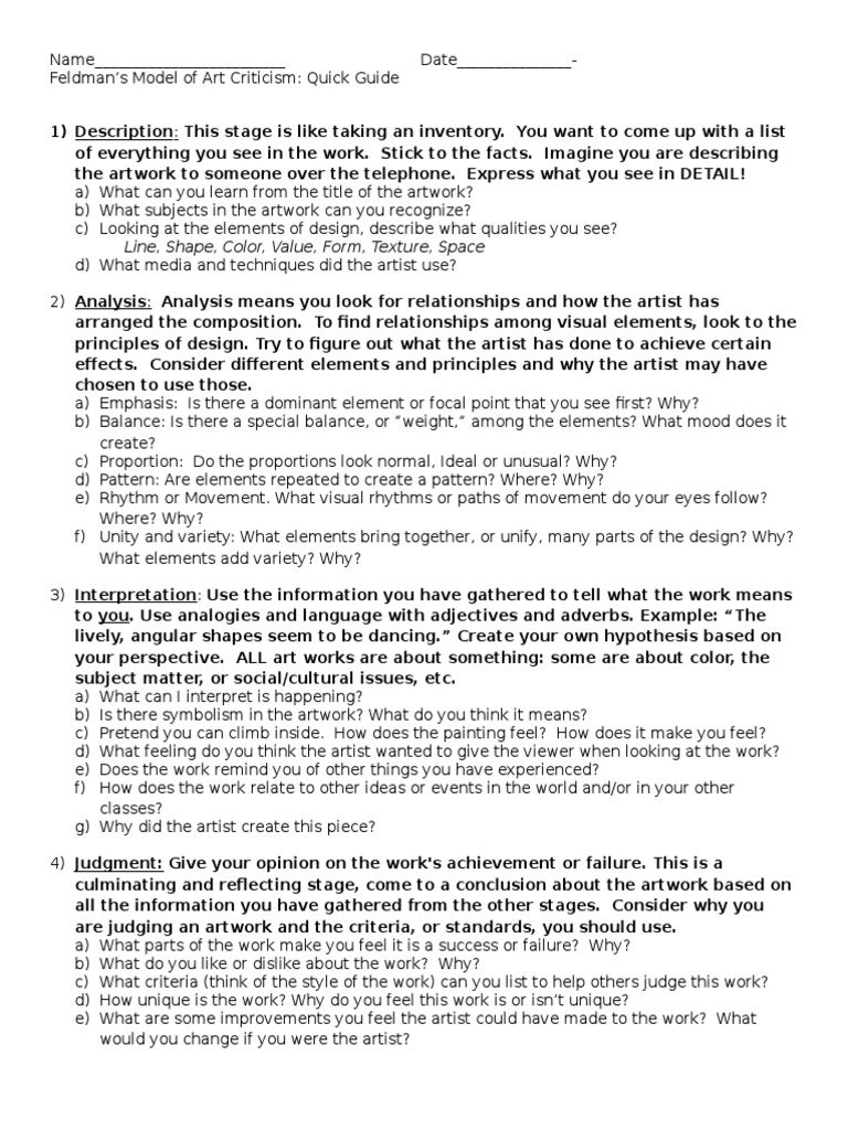 Feldman's Art Criticism Model Guide | PDF | Cognition | Psychological ...