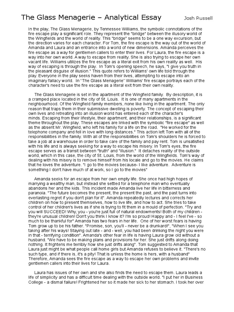 The Glass Menagerie - Analytical Essay | PDF