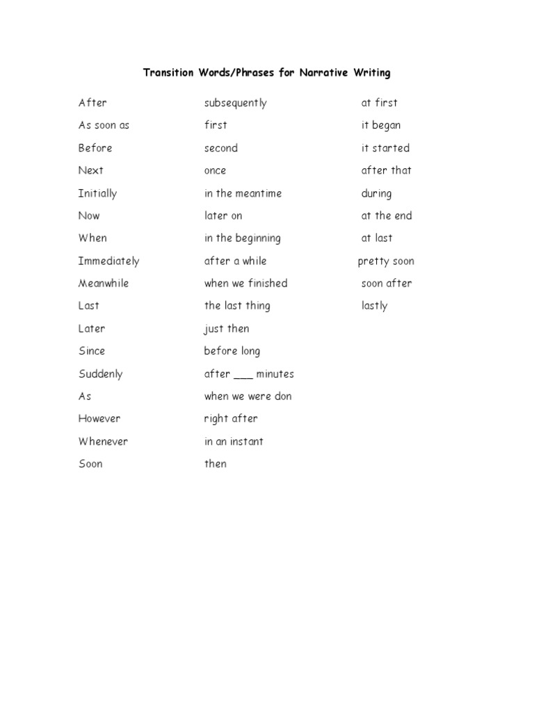 Transition Words for Narrative Writing | PDF