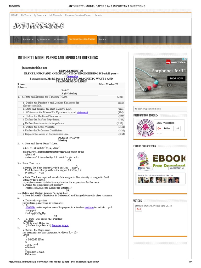 JNTUH EMTL Model Papers & Key Questions | PDF | Transmission Line | Waves