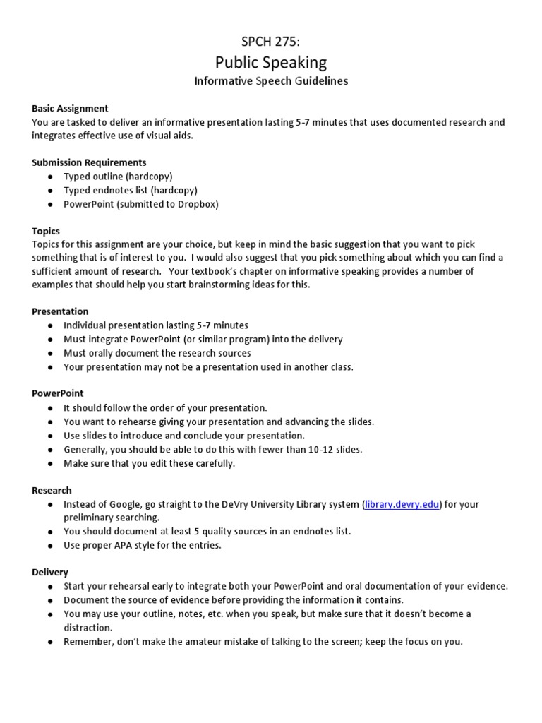 Informative Speech Guidelines Pdf Microsoft Power Point Public Speaking