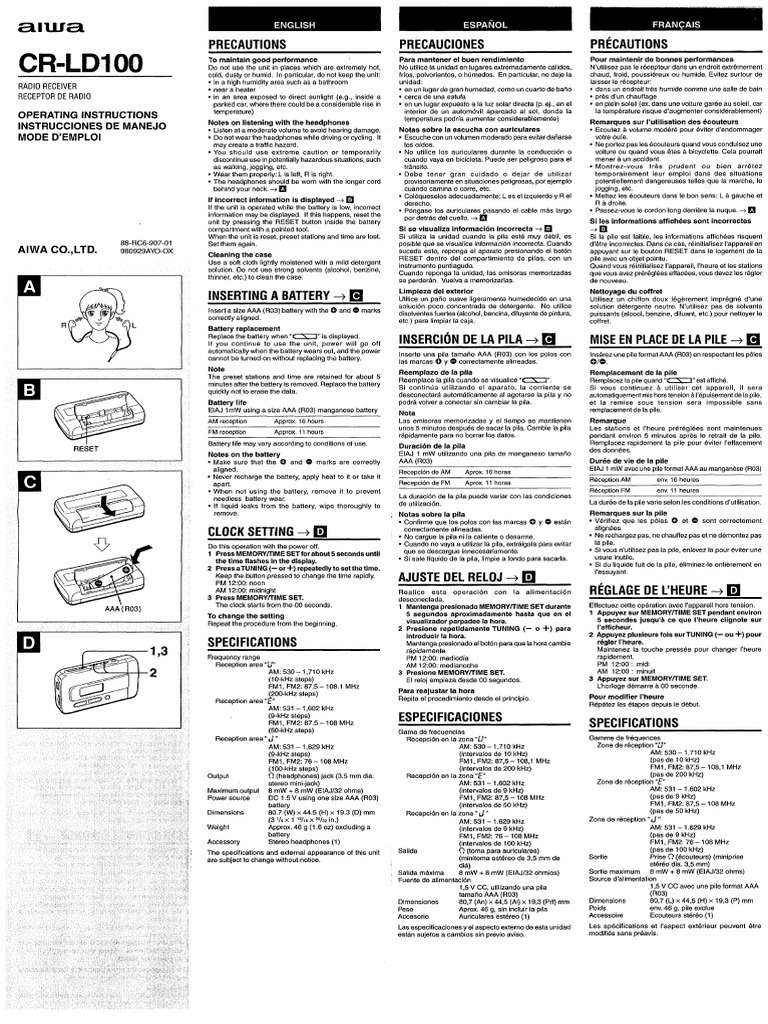 Aiwa CR-LD100 Radio Receiver Manual | PDF | Telecommunications | Wireless