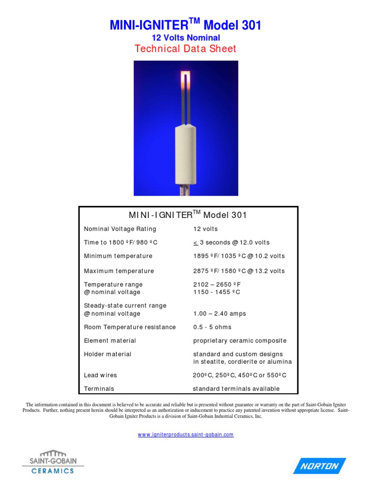 Mini-Igniter Model 301: Technical Data Sheet | PDF