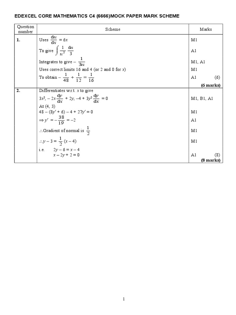 Edexcel C4 Mock Paper Mark Scheme | PDF