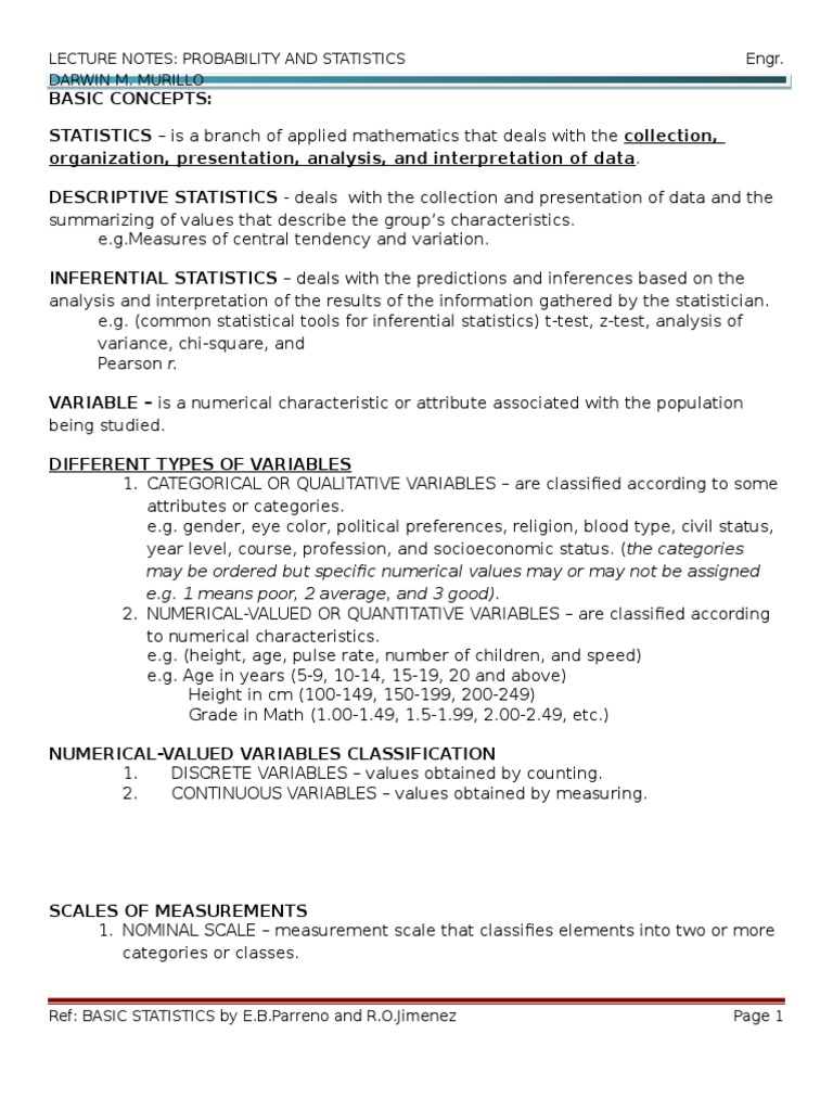 Lecture Notes: Probability and Statistics Engr. Darwin M. Murillo ...