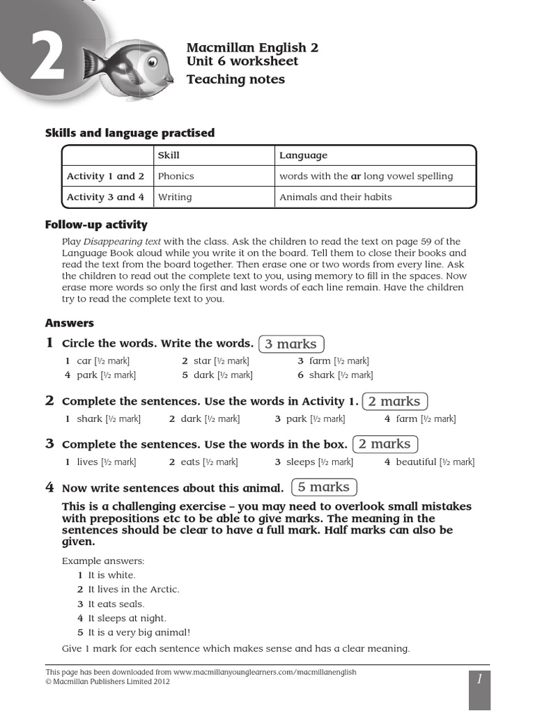 Macmillan English 2 Unit 6 Worksheet Teaching Notes: 3 Marks | PDF