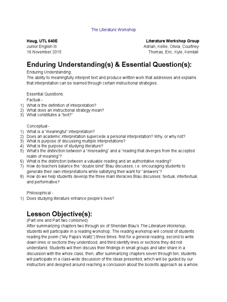 Enduring Understanding(s) & Essential Question(s) | PDF | Reading ...
