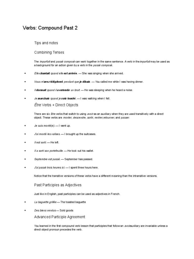Verbs: Compound Past 2: Tips and Notes Combining Tenses | PDF | Verb ...