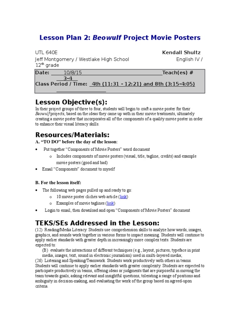 Beowulf Movie Poster Project Lesson | PDF | Lesson Plan | Reading ...