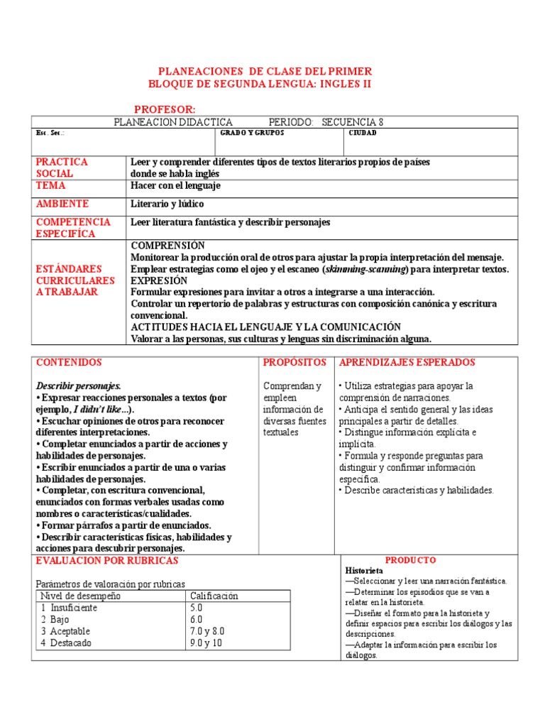 Planeación Inglés Secuencia 8 | PDF | Lectura (proceso) | Comunicación