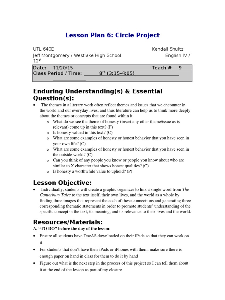 Circle Project Lesson Plan for Students | PDF | Reading Comprehension ...