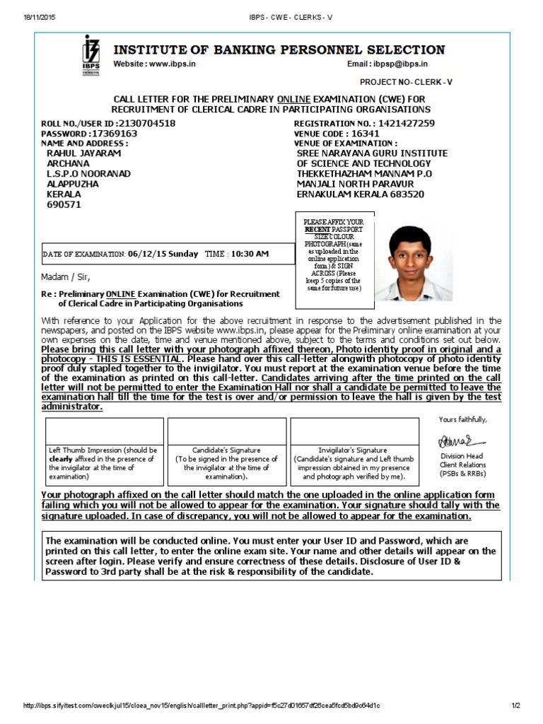 Roll No./User Id: Registration No.: Password: Venue Code: Name and ...