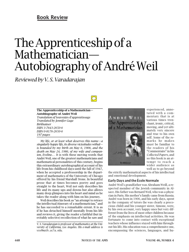 The Apprenticeship of A Mathematician - Autobiography of André Weil ...