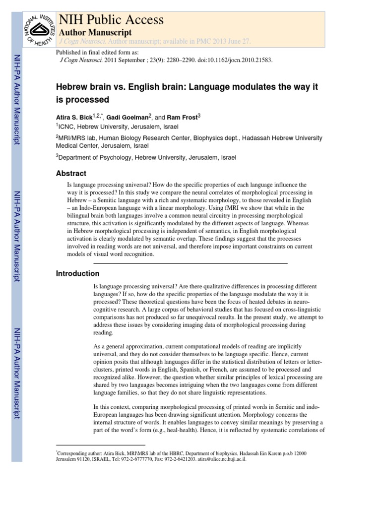 Hebrew Vs English Brain - Language Modulates The Way It Is Processed ...