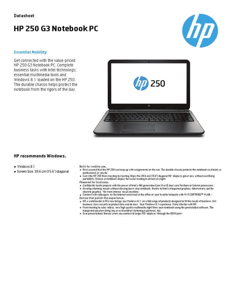 HP 250 G3 Notebook PC: Datasheet | PDF | Laptop | Bios