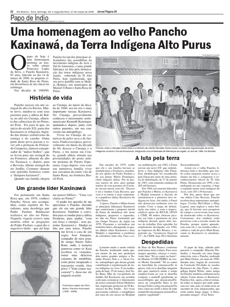 Homenagem a Pancho Kaxinawá e a luta pela demarcação da TI Alto Purus | PDF