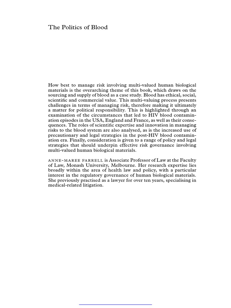 (Cambridge Bioethics and Law) Anne-Maree Farrell-The Politics of Blood ...