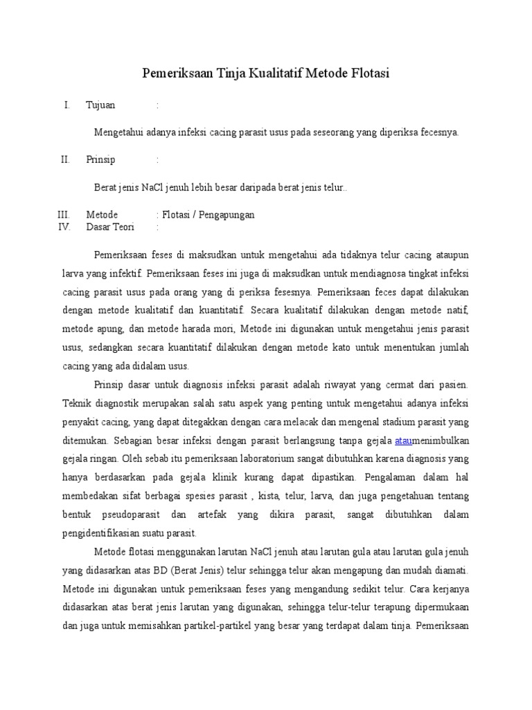 Pemeriksaan Tinja Kualitatif Metode Flot | PDF