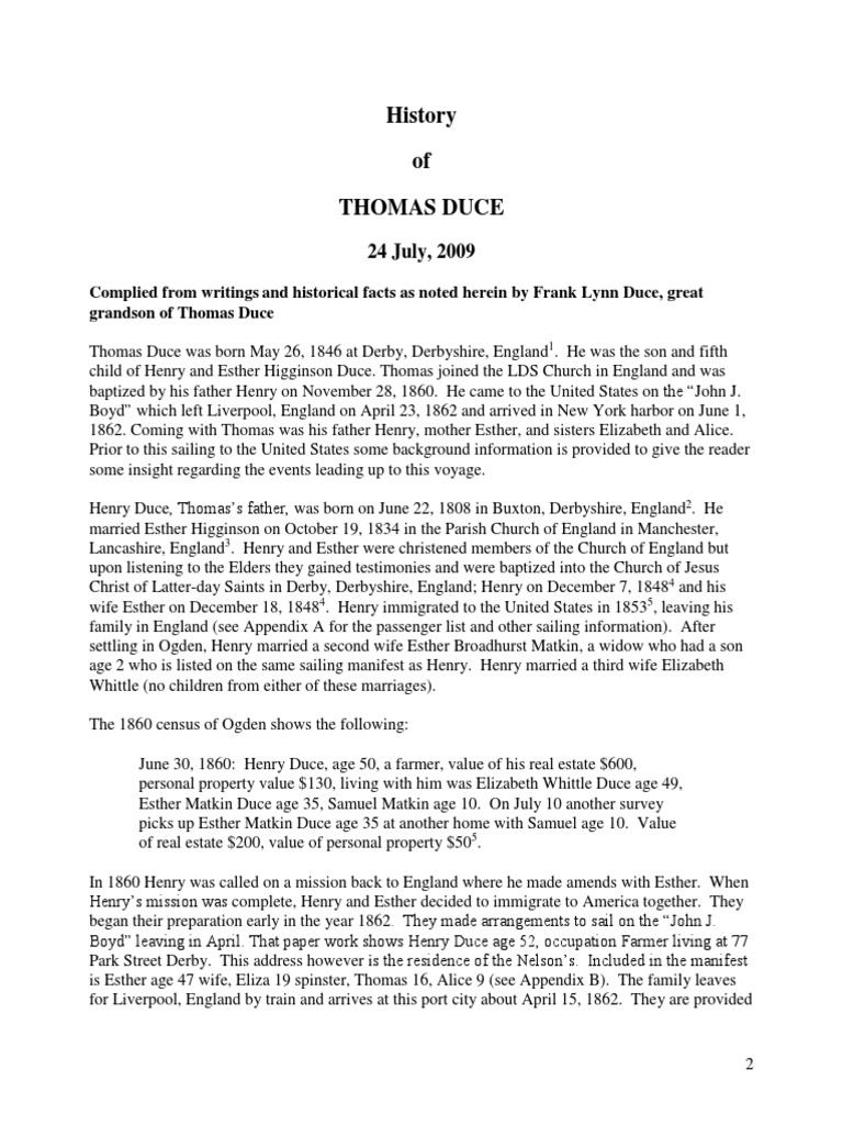 Thomas Duce: LDS Pioneer History | PDF | Utah | The Church Of Jesus ...