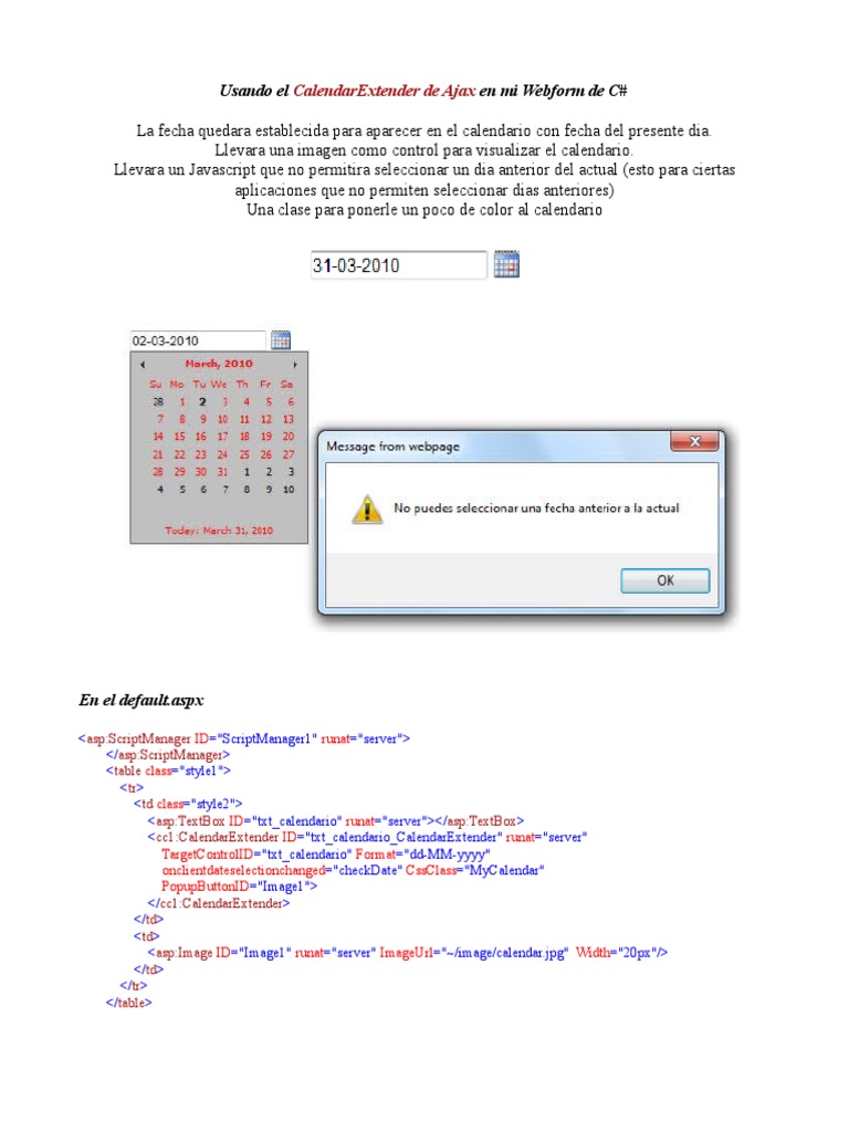 Calendar Extender de Ajax en Mi Webform C# | PDF | C Sharp (lenguaje de programación) | Ajax ...