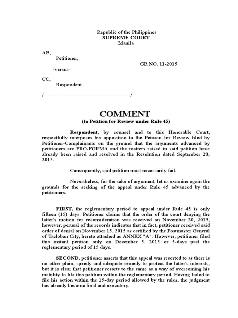 Comment to Petition for Review | Virtue | Judiciaries