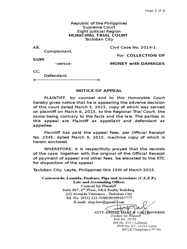Notice of Appeal To RTC | PDF