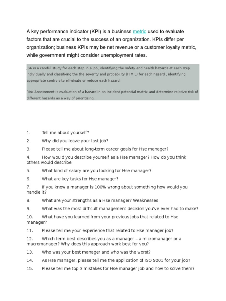 Hse Manager Interview Questions | PDF | Performance Indicator | Job Interview