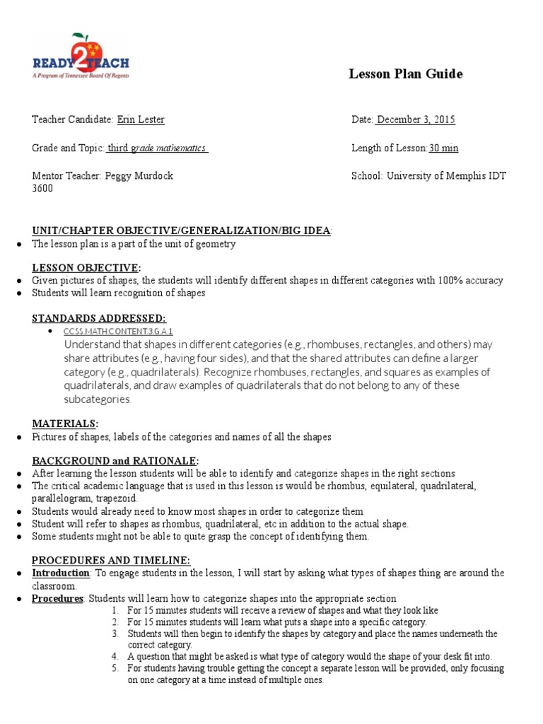 Lesson Plan Guide: Ccss - Math.Content.3.G.A.1 | PDF | Rectangle ...