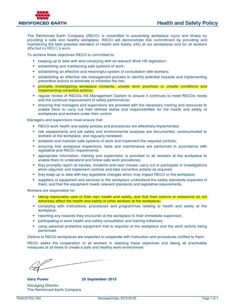 Health and Safety Policy PDF | PDF | Occupational Safety And Health ...