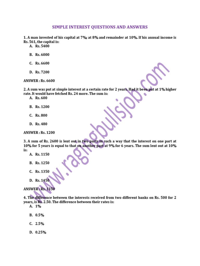 Simple Interest Questions and Answers PDF | PDF | Percentage | Interest