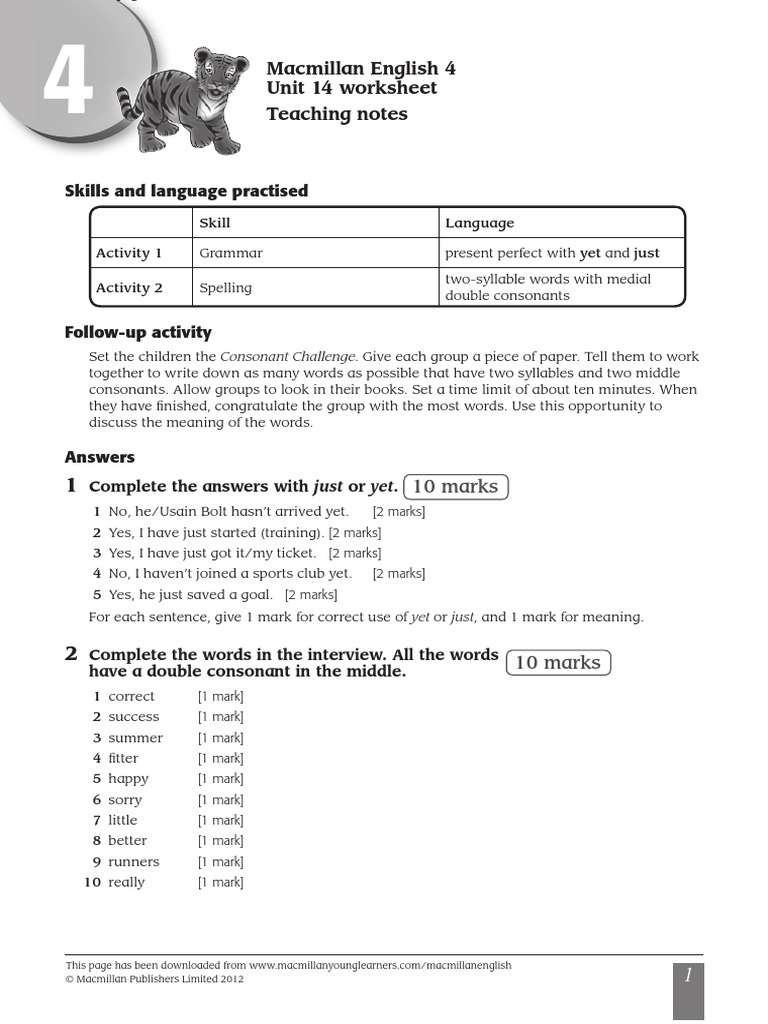 Macmillan English 4 Unit 14 Worksheet Teaching Notes: 10 Marks | PDF ...