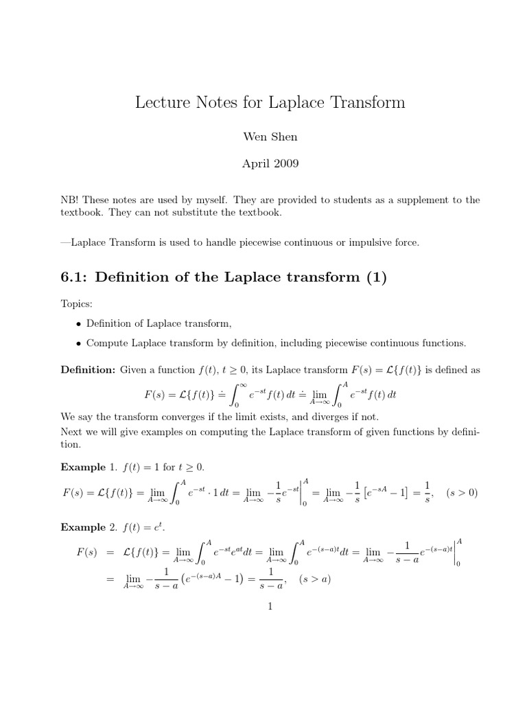 Laplace Transform Lecture Notes | PDF Laplace Transform Lecture Notes | PDF