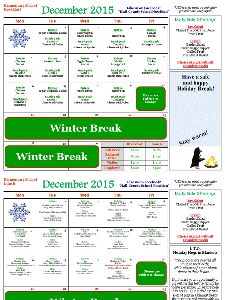 December Elementary School Calendar | PDF | Salad | Lunch