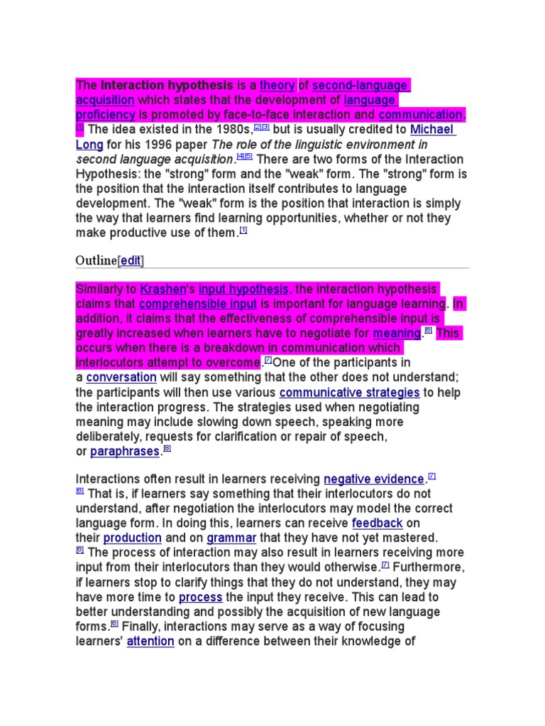 The Interaction Hypothesis Pdf Second Language Acquisition Applied Linguistics