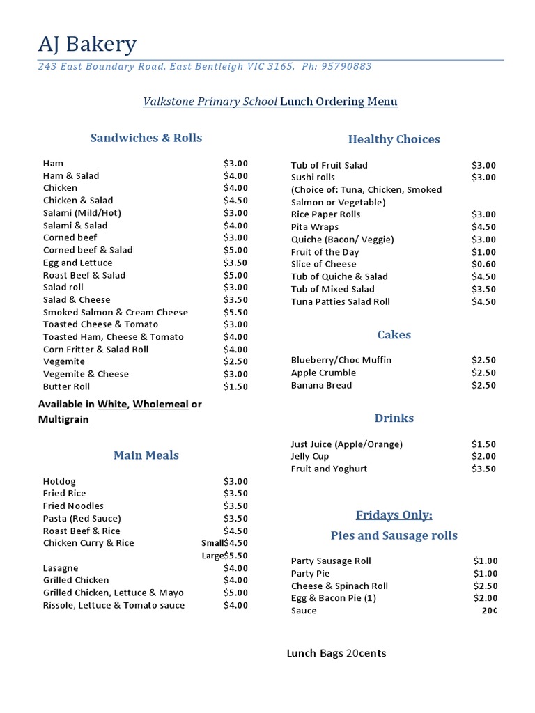 Valkstone Primary School Lunch Menu | PDF