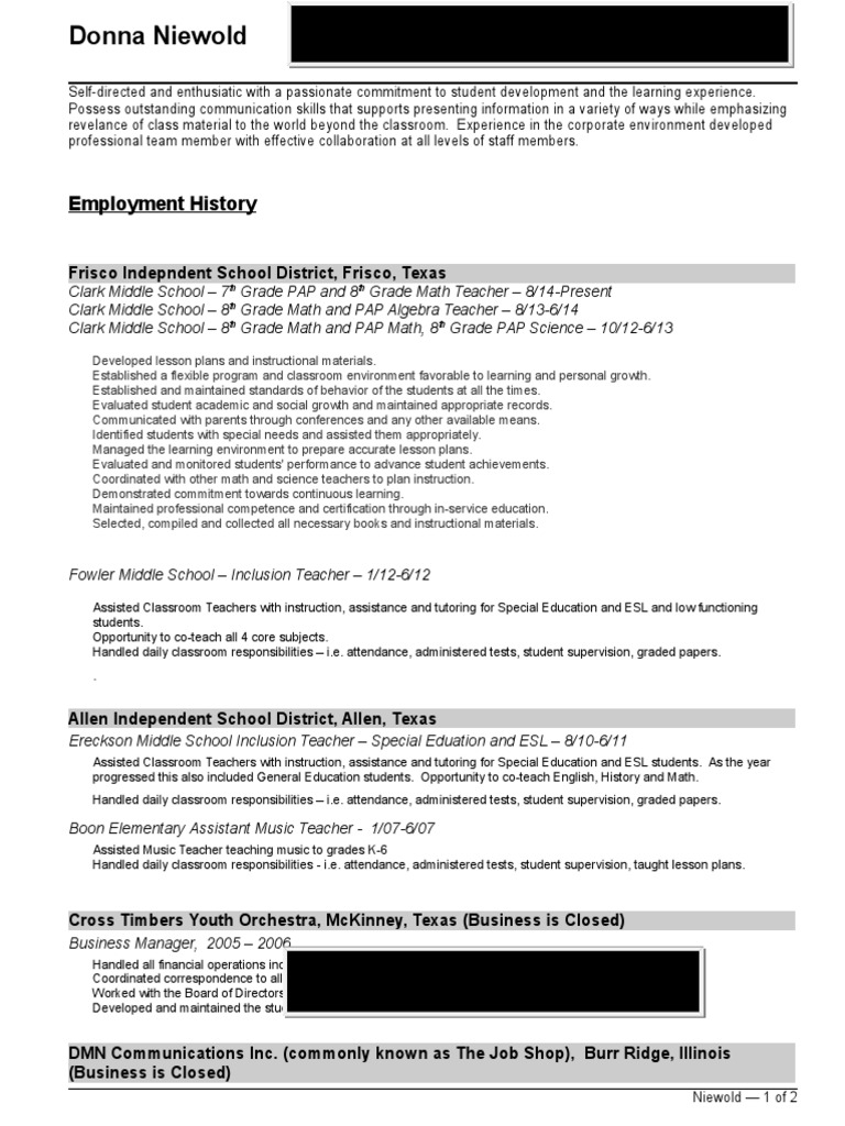 Donna Teaching Resume For Eportfolio | PDF | Special Education | Teachers