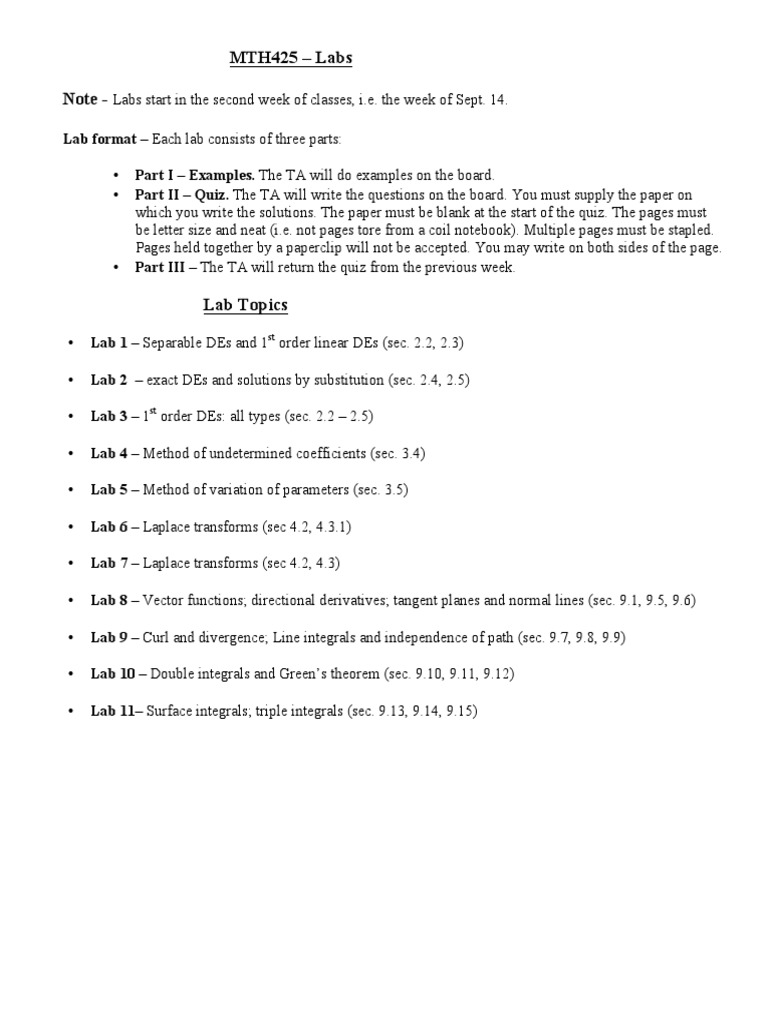 MTH425 Lab Schedule and Topics Guide | PDF