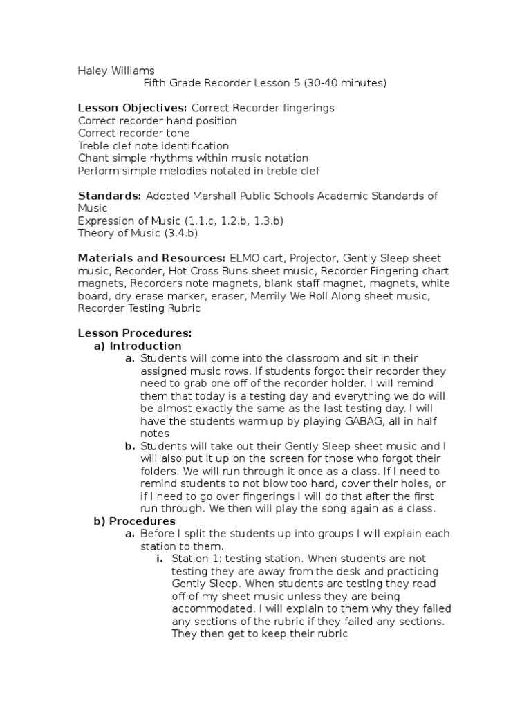 Fifth Grade Recorder: Gently Sleep Lesson | PDF | Recorder (Musical ...