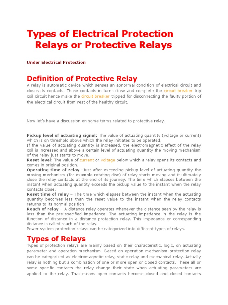 Types of Electrical Protection Relay | PDF | Relay | Electric Power System