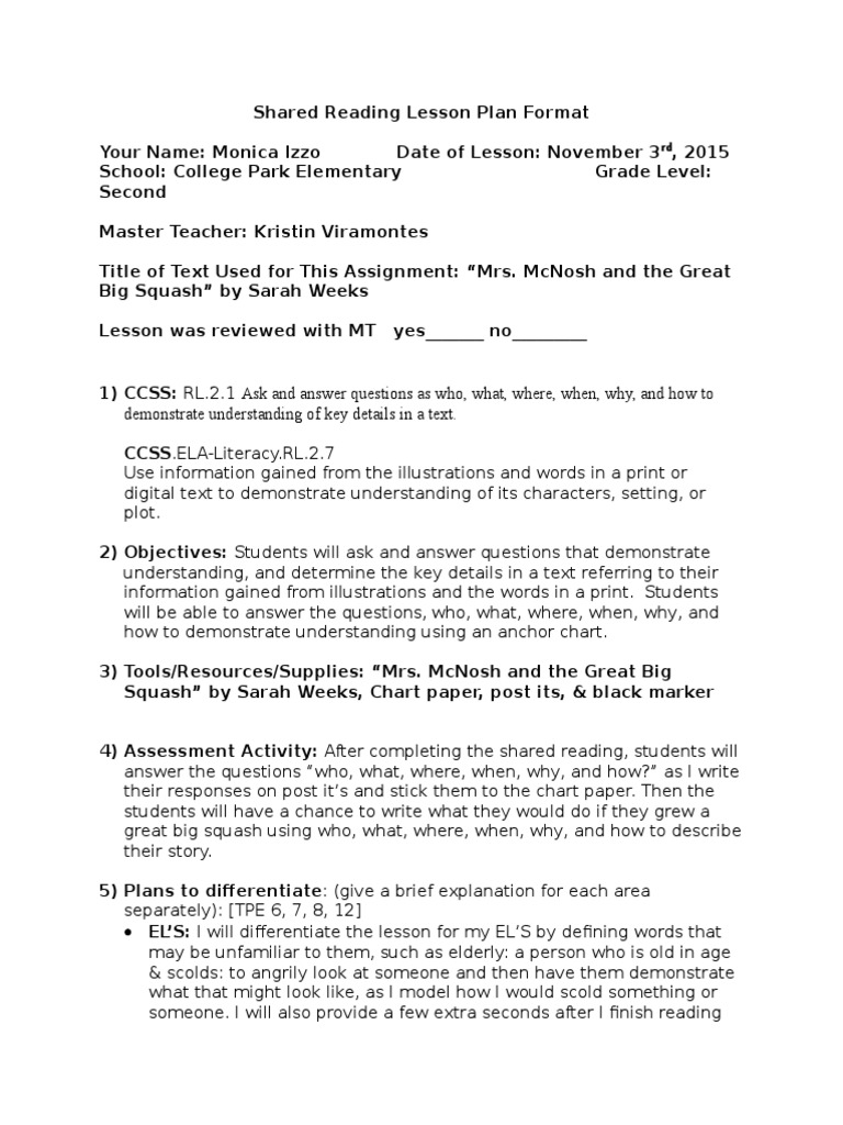 Shared Reading Lesson Plan Final | PDF | Lesson Plan | Cognitive Science