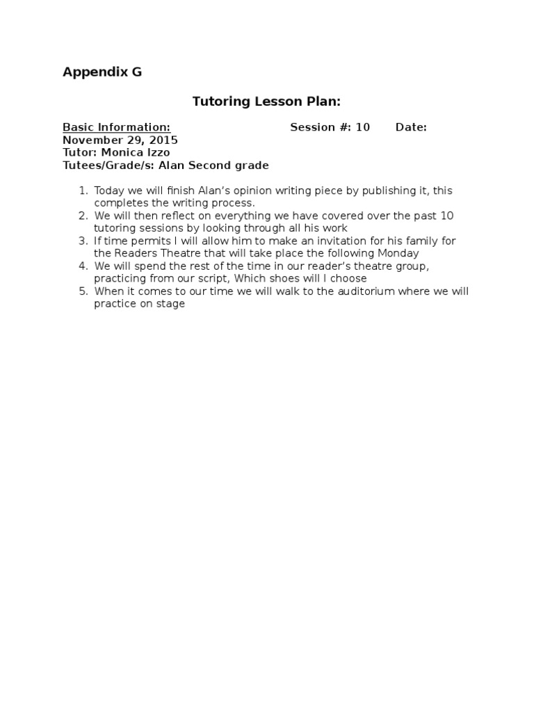 Appendix G Tutoring Lesson Plan | PDF