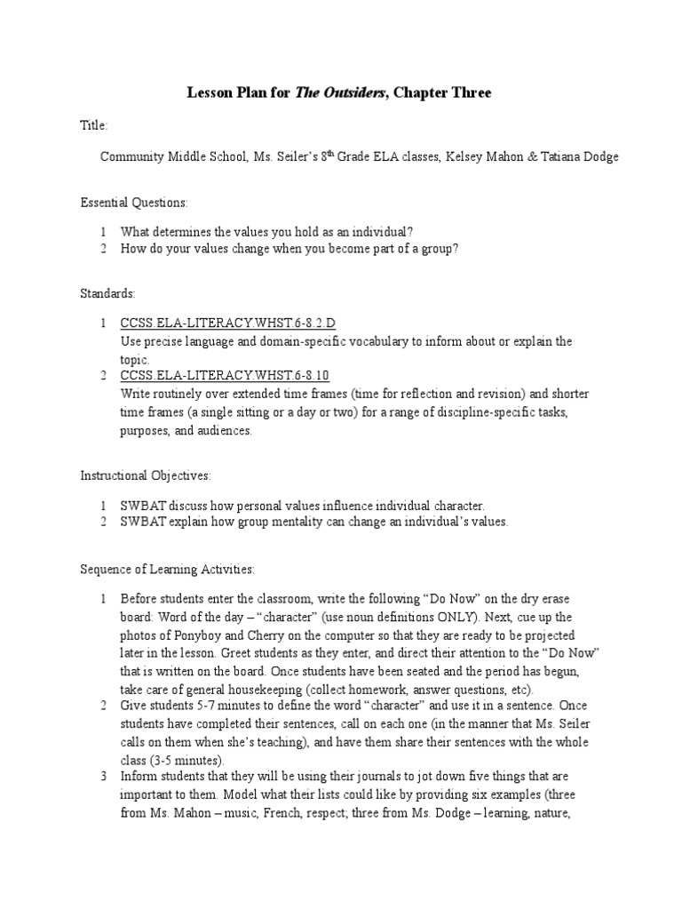 The Outsiders CH 3 Lesson Plan | PDF | Lesson Plan | Teaching