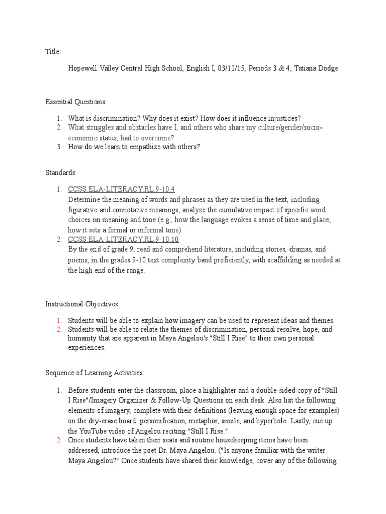 Still I Rise Lesson Plan | PDF | Maya Angelou | Metaphor