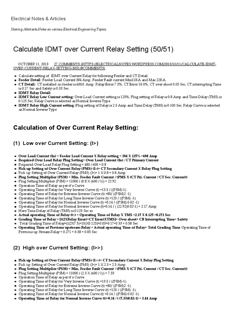 IDMT Relay Setting Calculation Guide | PDF | Relay | Transformer