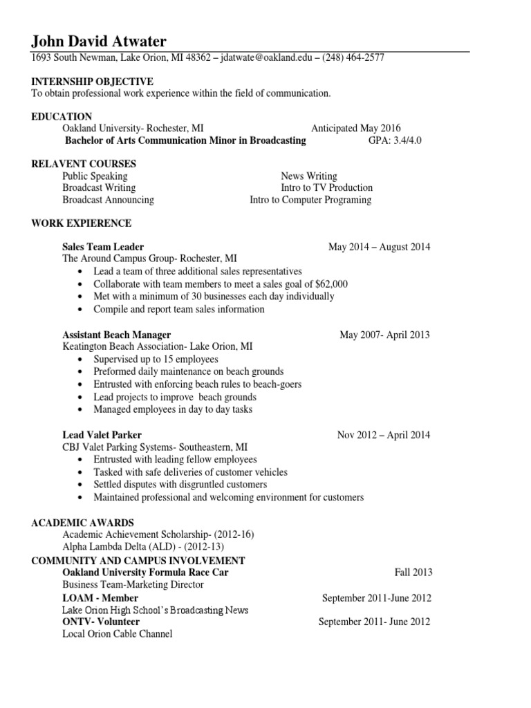 John David Atwater's Communication Resume | PDF