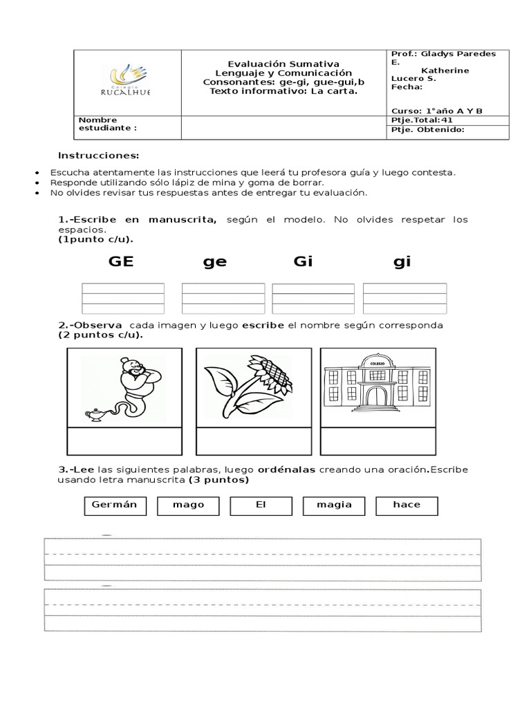 Evaluación de Consonantes Ge-Gi | PDF | Arte
