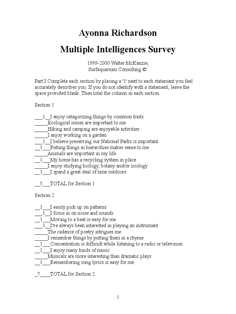 Multiple Intelligences Survey | PDF | Mind | Psychological Concepts
